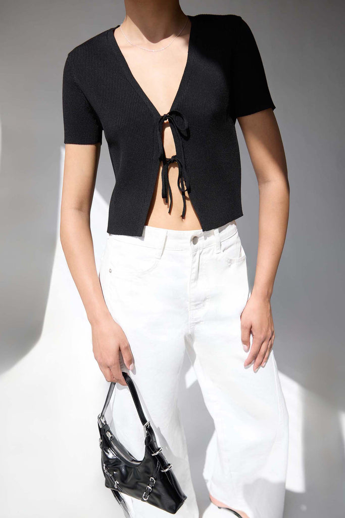 Cropped Short Sleeve Sweater with Open Front Ties | OAK + FORT